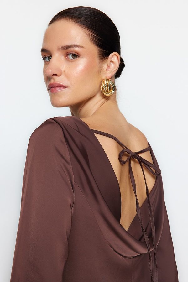 TRENDYOL BROWN WOVEN SATIN BLOUSE WITH BACK DETAIL
