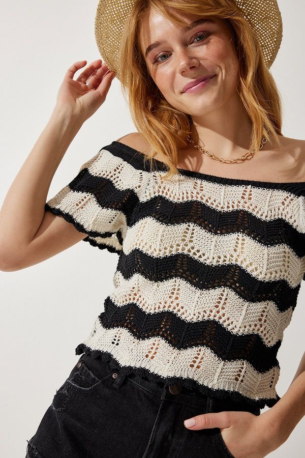 HAPPINESS İSTANBUL WOMEN'S BLACK CREAM OPENWORK KNITWEAR BLOUSE