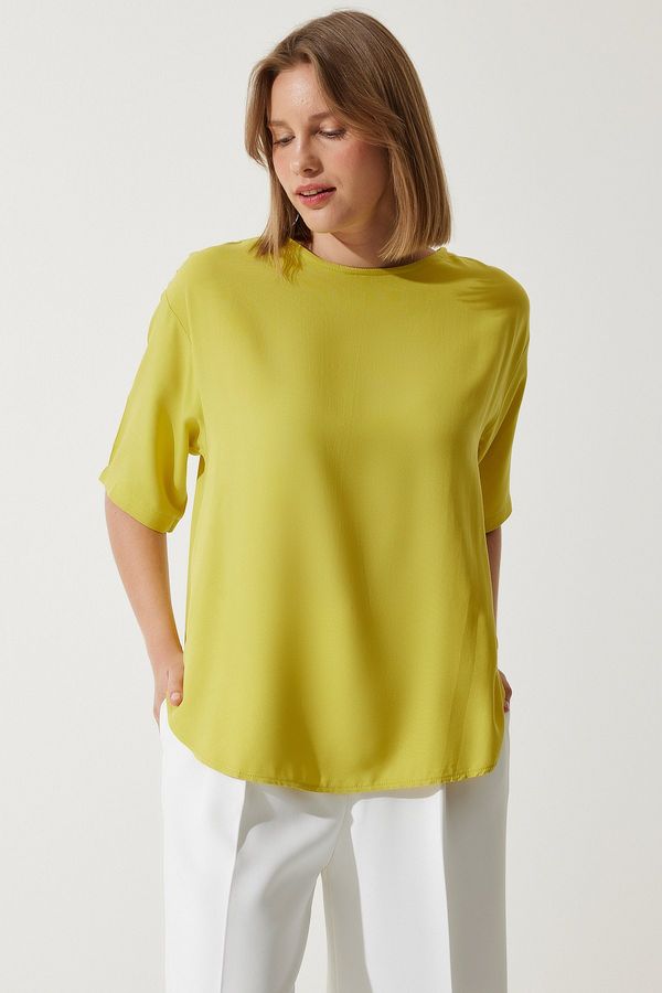 HAPPINESS İSTANBUL WOMEN'S OIL GREEN CREW NECK FLOWY VISCOSE BLOUSE