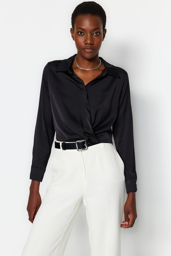 TRENDYOL BLACK CROP SHIRT COLLAR SATIN WOVEN BLOUSE