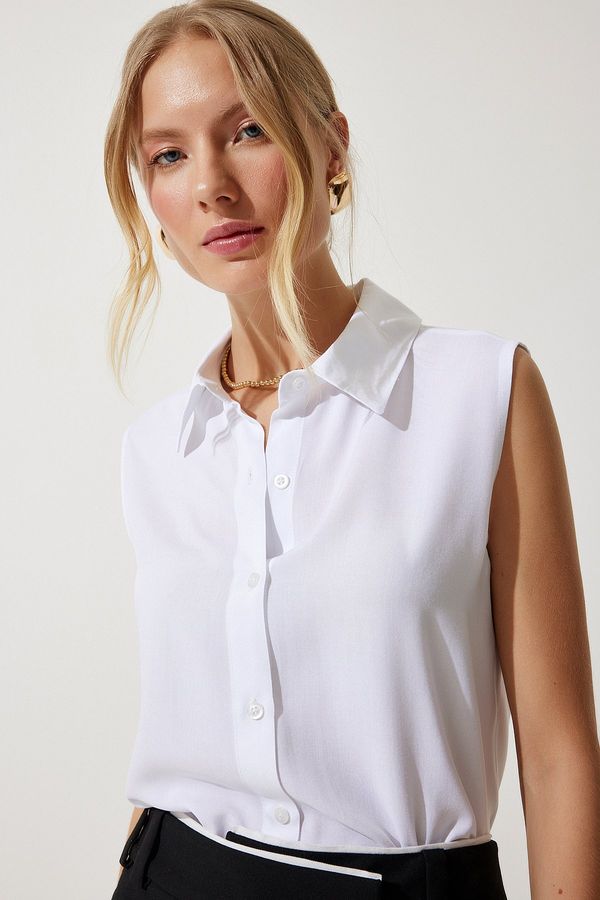 HAPPINESS İSTANBUL WOMEN'S WHITE SLEEVELESS VISCOSE SHIRT