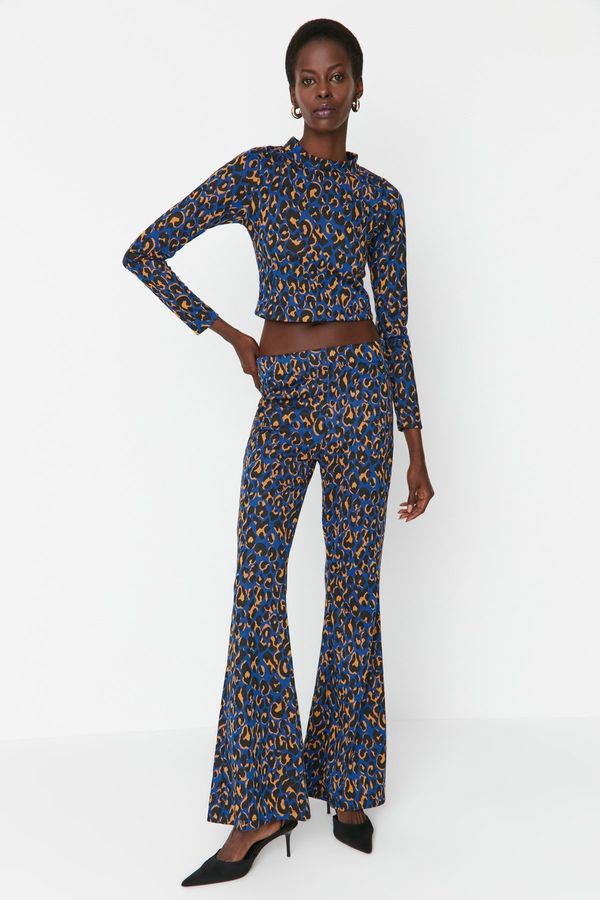 TRENDYOL NAVY BLUE PATTERNED FLARE/FLARE-DOWN LEG HIGH WAIST KNITTED PANTS