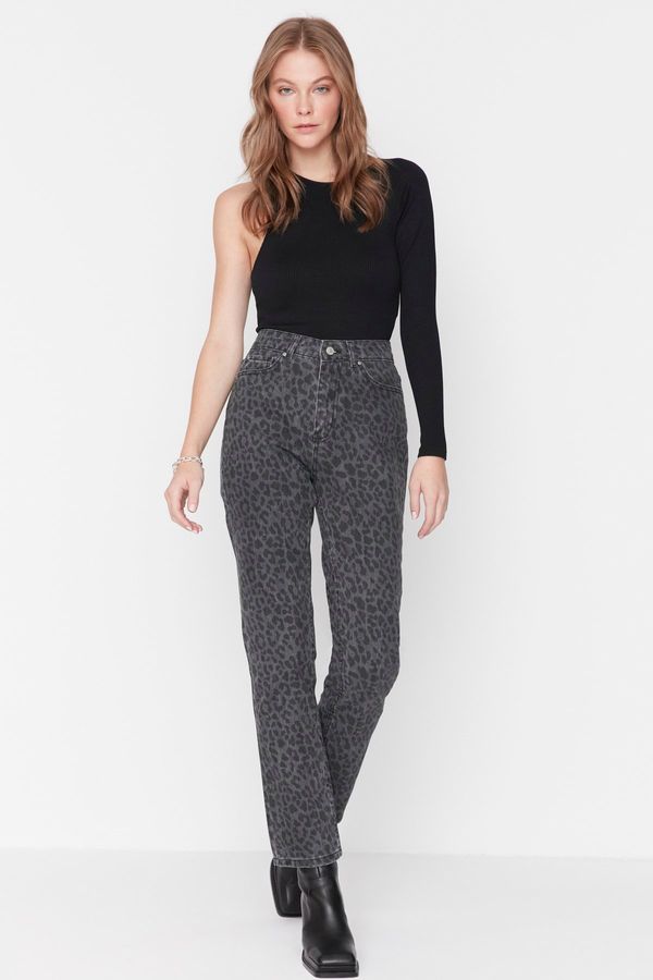 TRENDYOL BLACK LEOPARD PRINT HIGH WAIST STRAIGHT JEANS