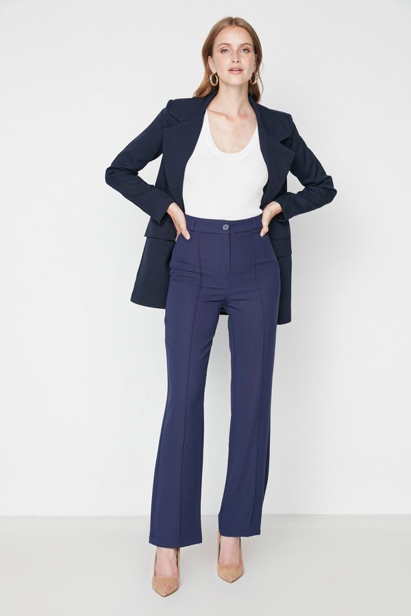 TRENDYOL NAVY BLUE STRAIGHT CUT HIGH WAIST RIBBED STITCHED WOVEN TROUSERS