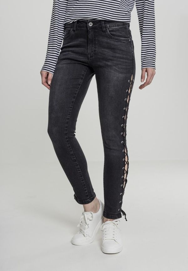 WOMEN'S DENIM PANTS LACE UP SKINNY PANTS - BLACK