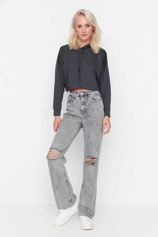 TRENDYOL GRAY RIPPED HIGH WAIST WIDE LEG JEANS