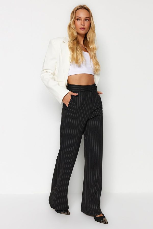 TRENDYOL BLACK STRIPED STRAIGHT FIT HIGH WAIST KNITTED PANTS