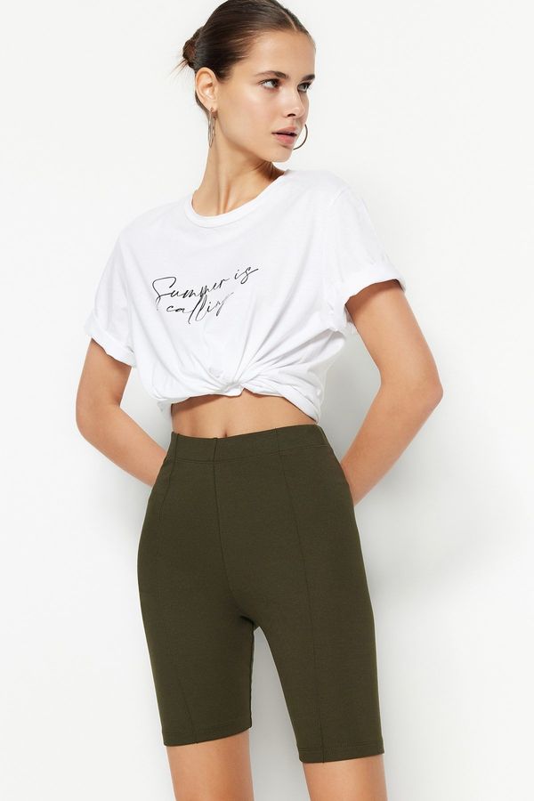 TRENDYOL KHAKI RIBBED BIKER HIGH WAIST INTERLOCK KNITTED LEGGINGS