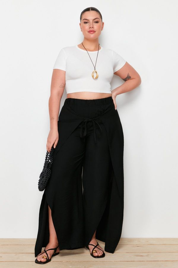 TRENDYOL CURVE BLACK WRAP-UP DETAIL BEACH TEXTILE WOVEN TROUSERS