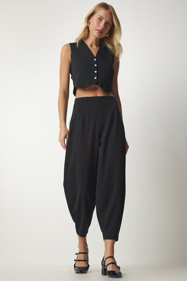 HAPPINESS İSTANBUL WOMEN'S BLACK DARTED WOVEN SHALWAR TROUSERS