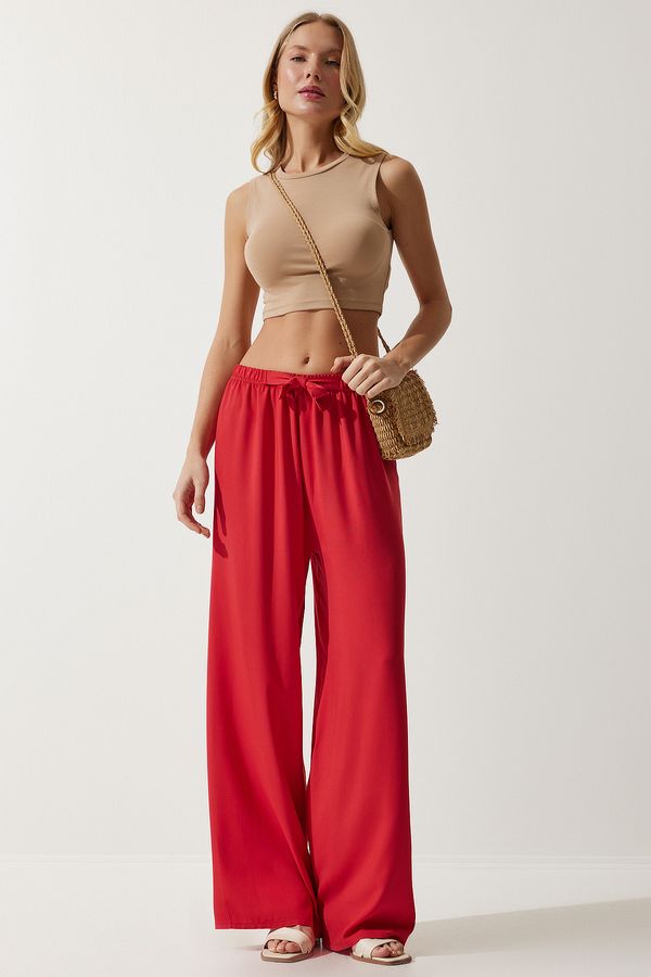 HAPPINESS İSTANBUL WOMEN'S RED FLOWY KNITTED PALAZZO TROUSERS