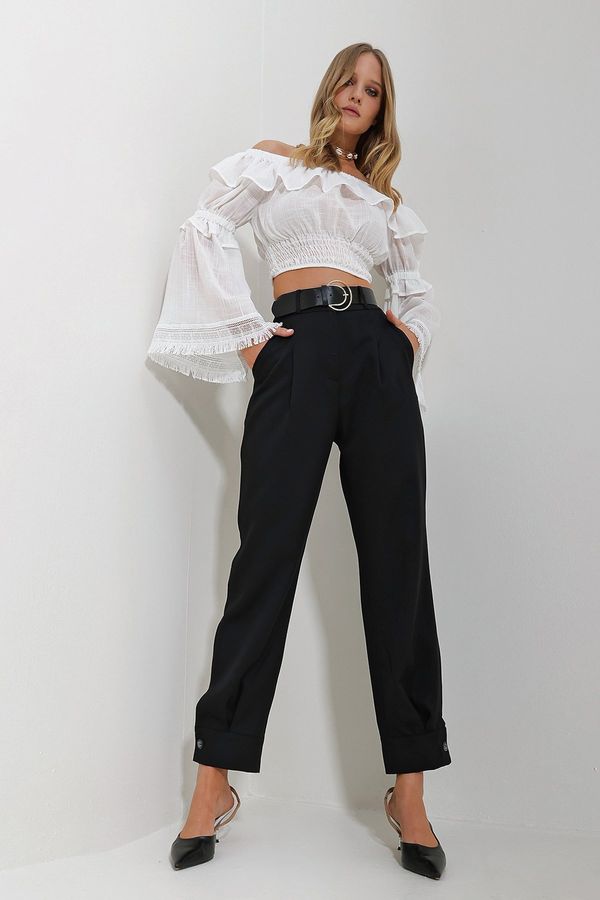 TREND ALAÇATI STILI WOMEN'S BLACK WAIST BELTED LEG BUTTONED DOUBLE POCKET DOUBLE FABRIC WOVEN TROUSERS