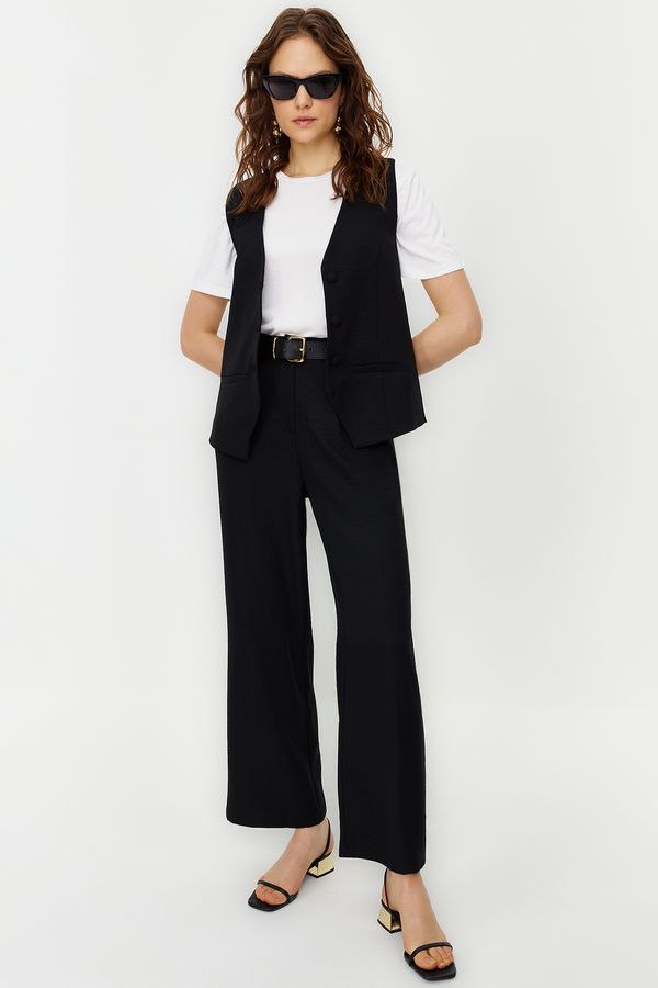 TRENDYOL BLACK LINEN LOOK STYLISH VEST TROUSERS WOVEN BOTTOM TOP SET