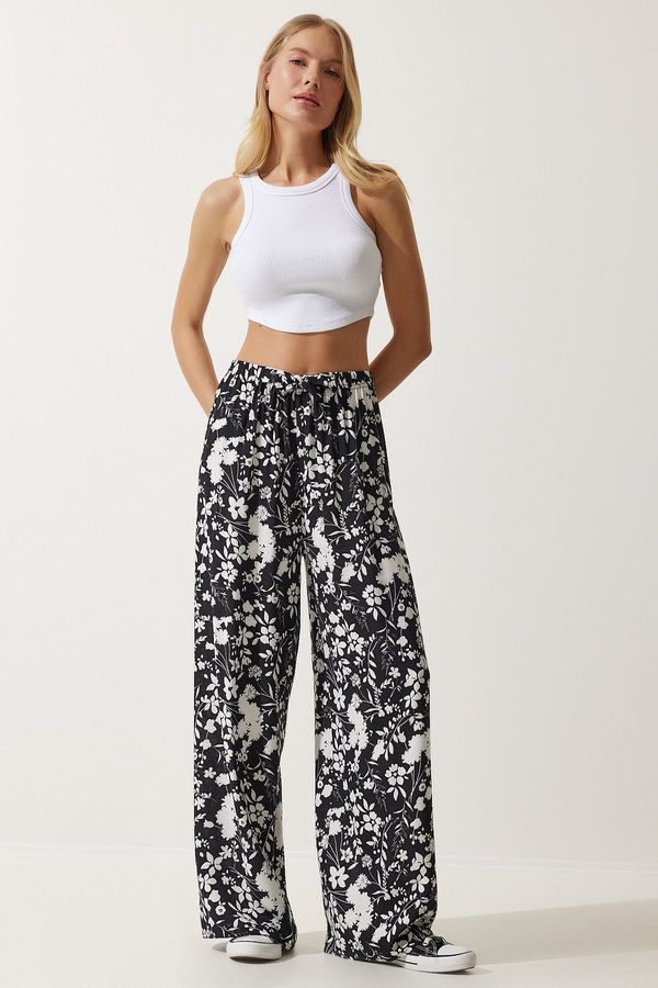 HAPPINESS İSTANBUL WOMEN'S BLACK PATTERNED FLOWY VISCOSE PALAZZO TROUSERS