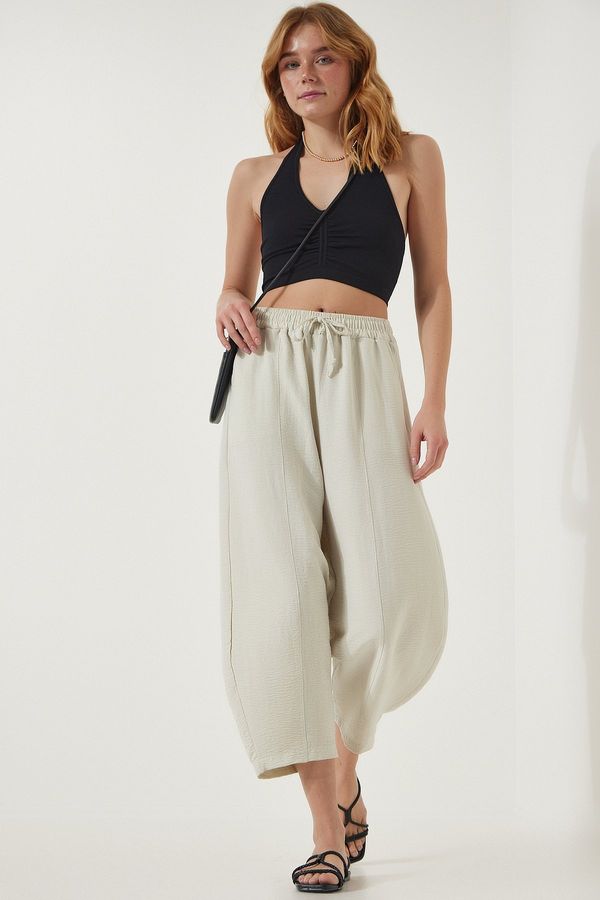 HAPPINESS İSTANBUL WOMEN'S OPEN CREAM POCKET LINEN VISCOSE BAGGY TROUSERS