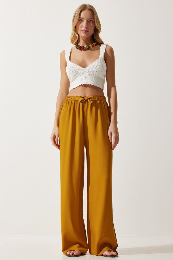 HAPPINESS İSTANBUL WOMEN'S MUSTARD FLOWY KNITTED PALAZZO TROUSERS