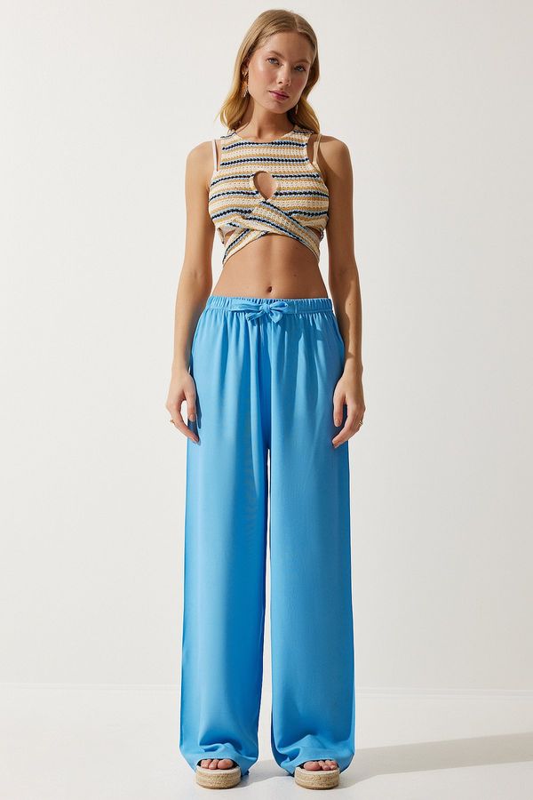 HAPPINESS İSTANBUL WOMEN'S SKY BLUE FLOWY KNITTED PALAZZO TROUSERS