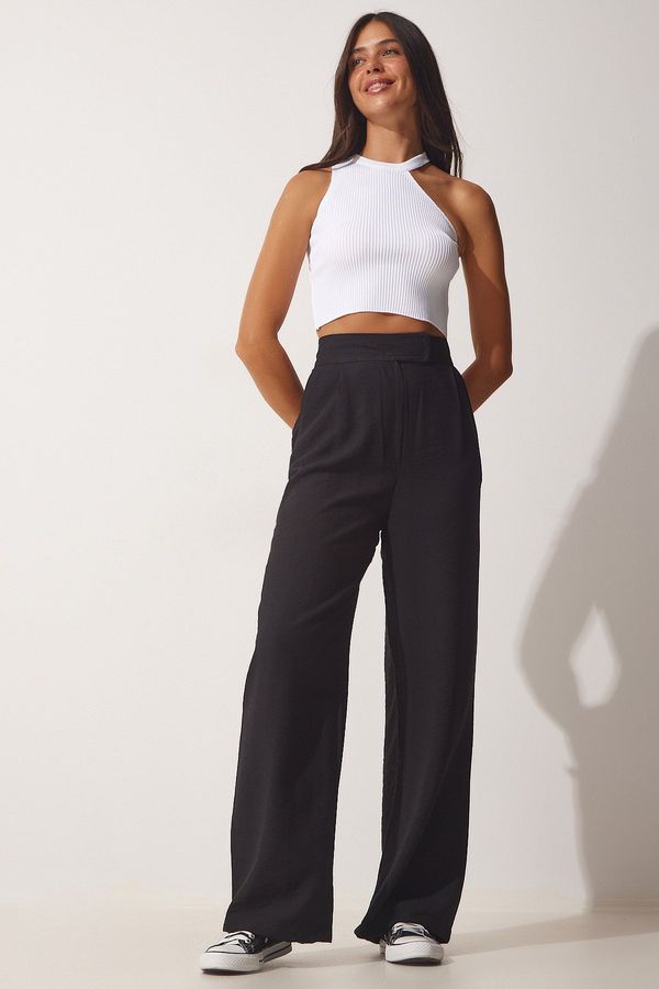 HAPPINESS İSTANBUL WOMEN'S BLACK FLOWY LINEN PANTS WITH HOOK AND LOOP FASTENING