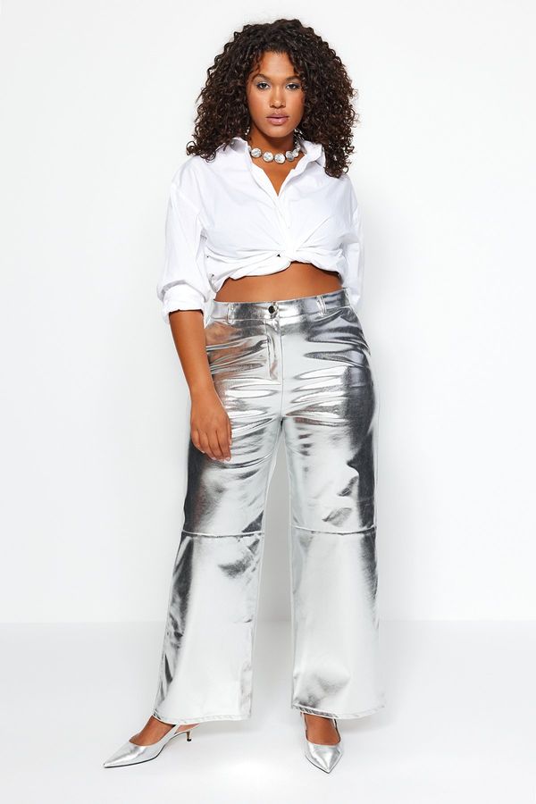 TRENDYOL CURVE GRAY METALLIC WIDE CUT WOVEN TROUSERS