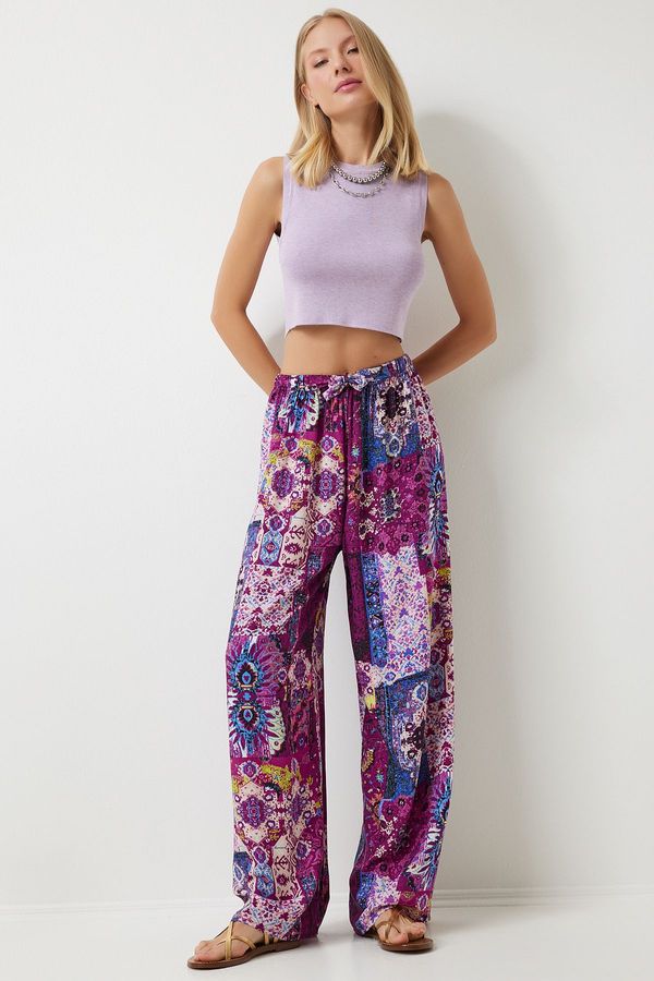 HAPPINESS İSTANBUL WOMEN'S PLUM ECRU PATTERNED DRAPED VISCOSE PALAZZO TROUSERS