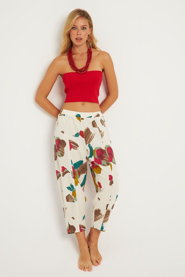 COOL & SEXY WOMEN'S ECRU-FUCHSIA PATTERNED LINEN SHALWAR TROUSERS K1253