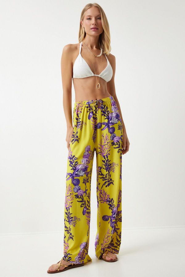 HAPPINESS İSTANBUL WOMEN'S YELLOW PURPLE PATTERNED FLOWY VISCOSE PALAZZO TROUSERS