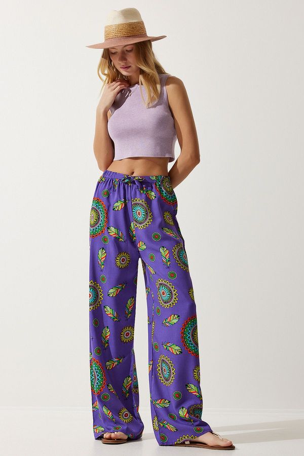 HAPPINESS İSTANBUL WOMEN'S PURPLE PATTERNED FLOWING VISCOSE PALAZZO TROUSERS