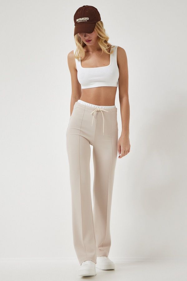 HAPPINESS İSTANBUL WOMEN'S CREAM TIE DETAILED KNITTED TROUSERS