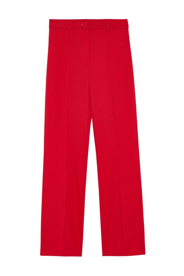 TRENDYOL DARK RED STRAIGHT CUT HIGH WAIST RIBBED STITCHED WOVEN TROUSERS