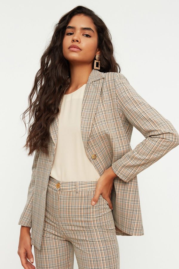 TRENDYOL BEIGE WOVEN LINED PLAID BLAZER JACKET