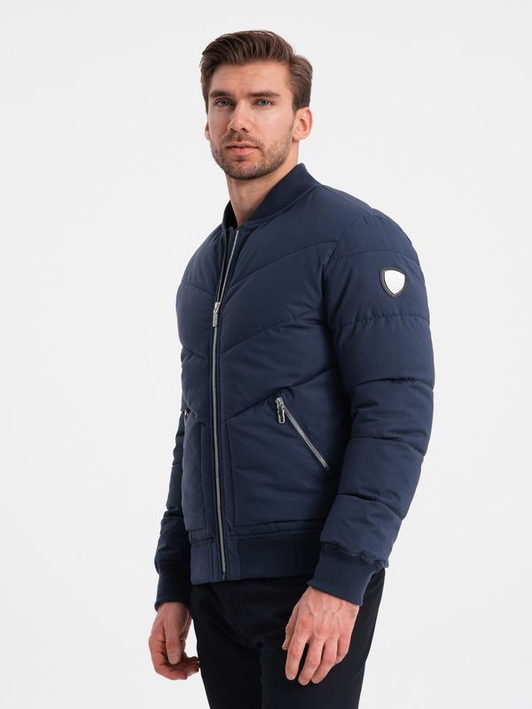 OMBRE MEN'S QUILTED BOMBER JACKET WITH METAL ZIPPERS - NAVY BLUE