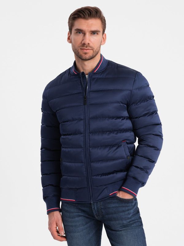 OMBRE MEN'S SATIN FINISH BOMBER JACKET WITH CONTRASTING RIBBED CUFFS - DARK BLUE