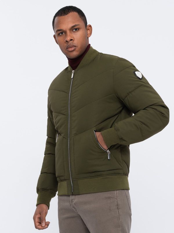OMBRE MEN'S QUILTED BOMBER JACKET WITH METAL ZIPPERS - DARK OLIVE GREEN