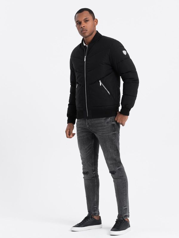 OMBRE MEN'S QUILTED BOMBER JACKET WITH METAL ZIPPERS - BLACK
