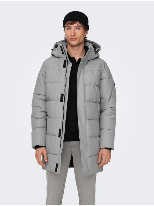 LIGHT GREY MEN'S QUILTED WINTER COAT ONLY & SONS CARL - MEN