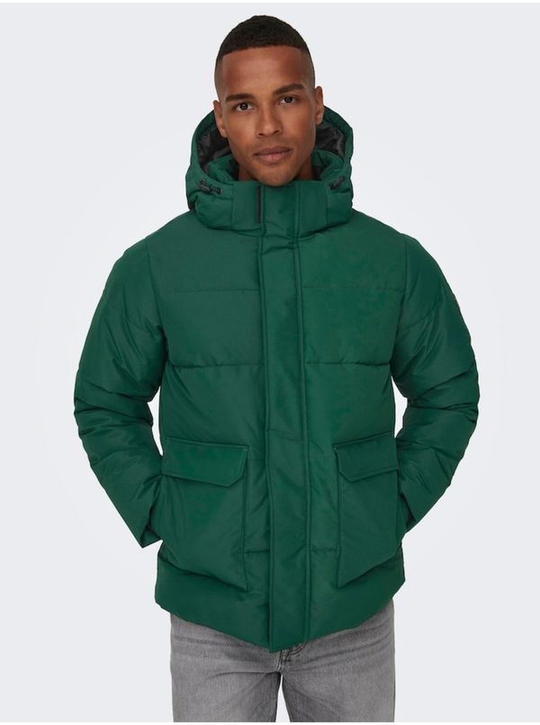 DARK GREEN MEN'S QUILTED WINTER JACKET ONLY & SONS CARL - MEN