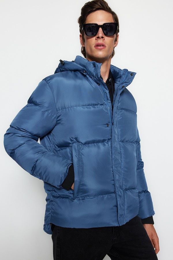 TRENDYOL BLUE REGULAR FIT COATED DETACHABLE HOOD WATER & WIND RESISTANT WINTER COAT