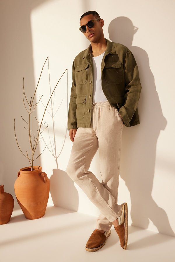 TRENDYOL KHAKI LIMITED EDITION 100% LINEN REGULAR FIT MULTI-POCKET JACKET