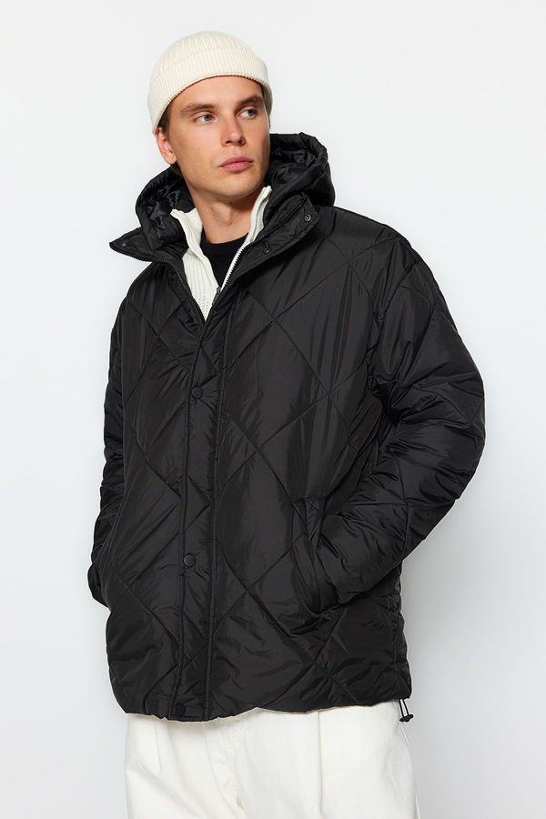 TRENDYOL BLACK OVERSIZE FIT HOODED WATER AND WIND RESISTANT LIGHTWEIGHT QUILTED COAT