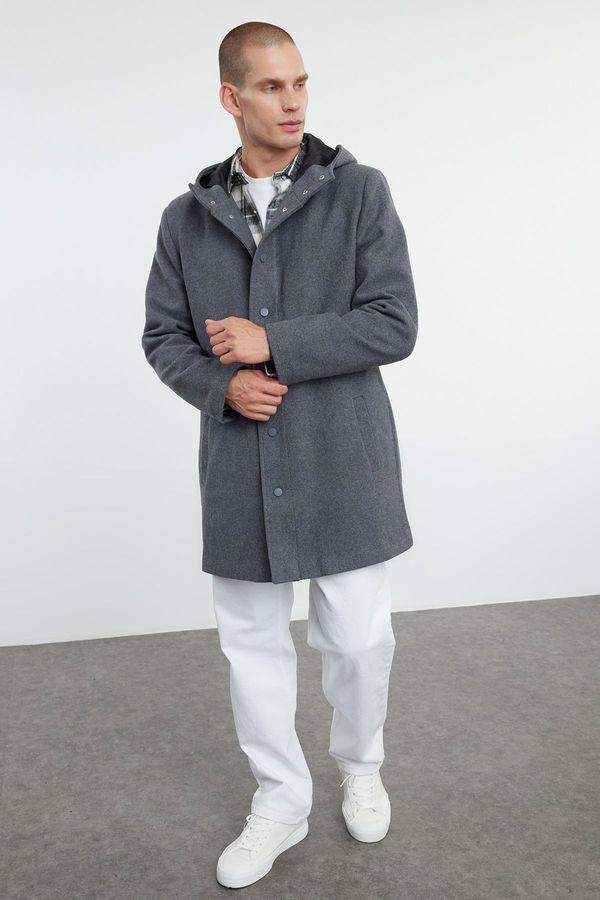 TRENDYOL ANTHRACITE MEN'S WINTER WOOL BLEND HOODED STAMP WINTER COAT