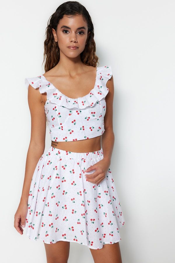 TRENDYOL BRIDAL FRUIT PATTERNED WOVEN RUFFLED 100% COTTON BLOUSE SKIRT SUIT