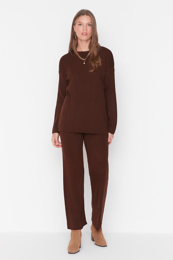 TRENDYOL BROWN BASIC CREW NECK KNITWEAR TWO PIECE SET