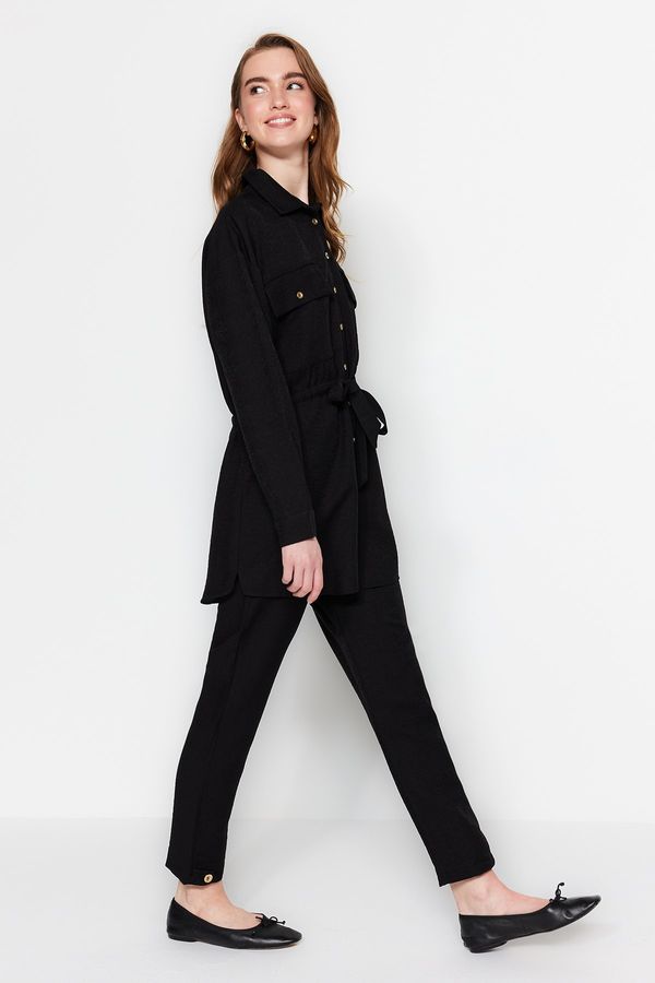 TRENDYOL BLACK BELTED LINEN LOOK SHIRT-PANTS SUIT