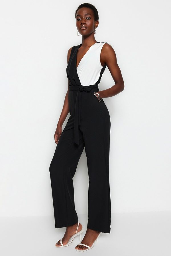 TRENDYOL BLACK MAXI ECRU COLLAR DETAILED WOVEN JUMPSUIT