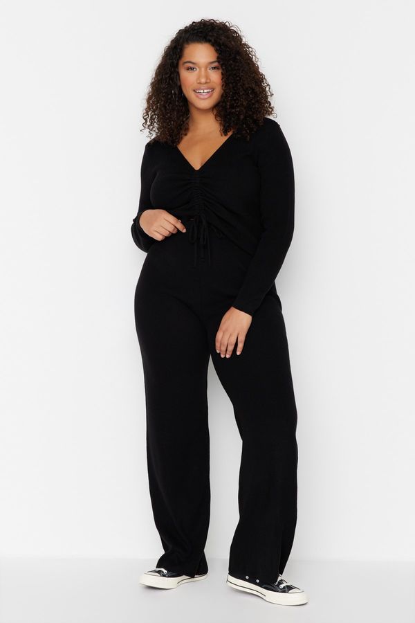 TRENDYOL CURVE BLACK V NECK TIE DETAILED KNITWEAR BLOUSE & PANTS SUIT