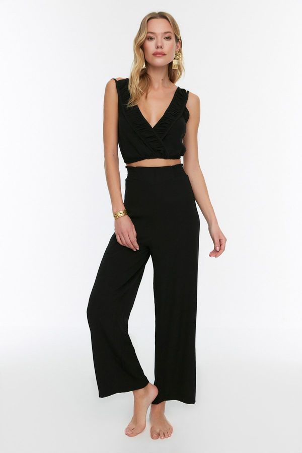 TRENDYOL BLACK WOVEN FRILLY BLOUSE PANTS SUIT