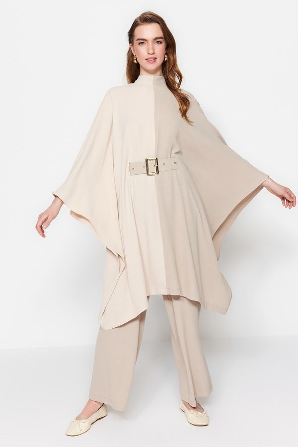 TRENDYOL BEIGE COLOR BLOCK WAIST BELTED TUNIC-PANTS WOVEN SUIT