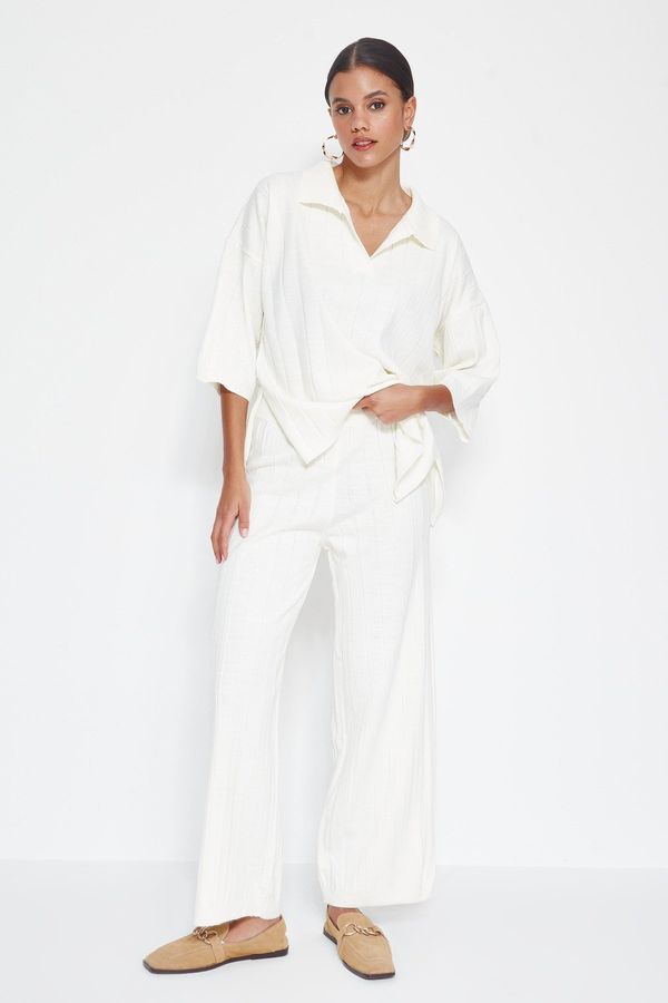 TRENDYOL ECRU BASIC CORDED KNITWEAR TOP AND BOTTOM SET