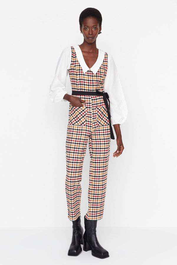 TRENDYOL MULTICOLORED BELTED COLLAR DETAILED WOVEN JUMPSUIT