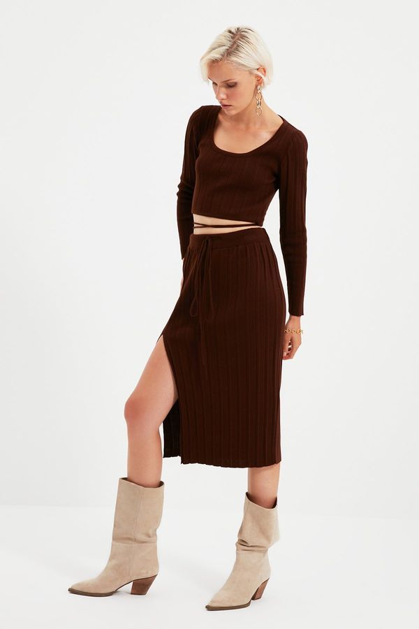 TRENDYOL BROWN TIE DETAILED KNITWEAR BOTTOM-TOP SET